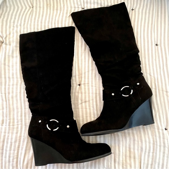 Guess | Shoes | Guess Tall Black Wedge Heel Boots | Poshmark